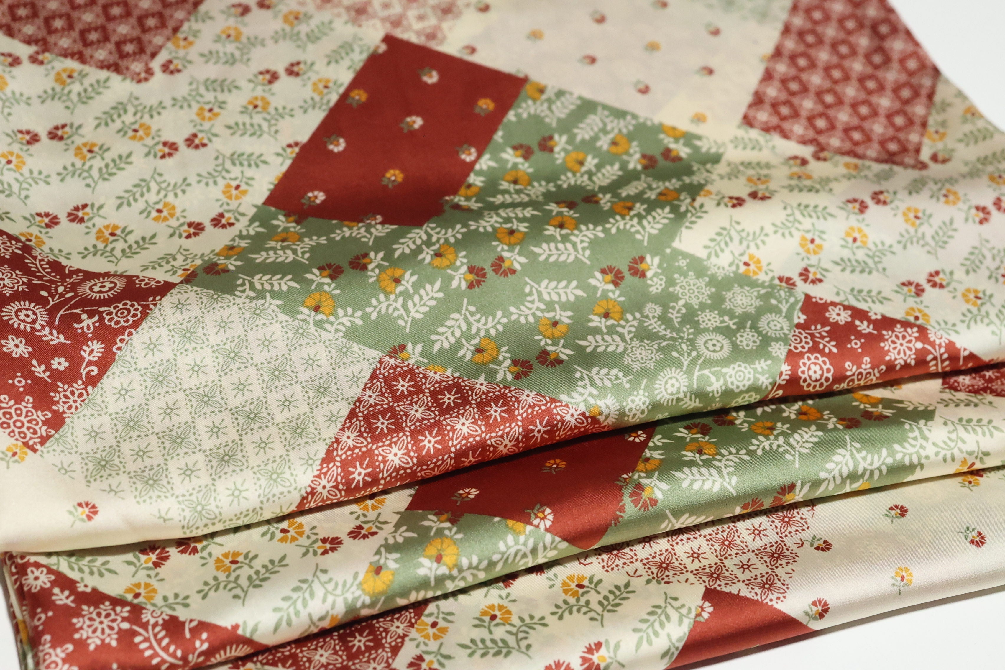 (Satin) Tan/Green Patchwork NO STRETCH – Graceful Fabrics